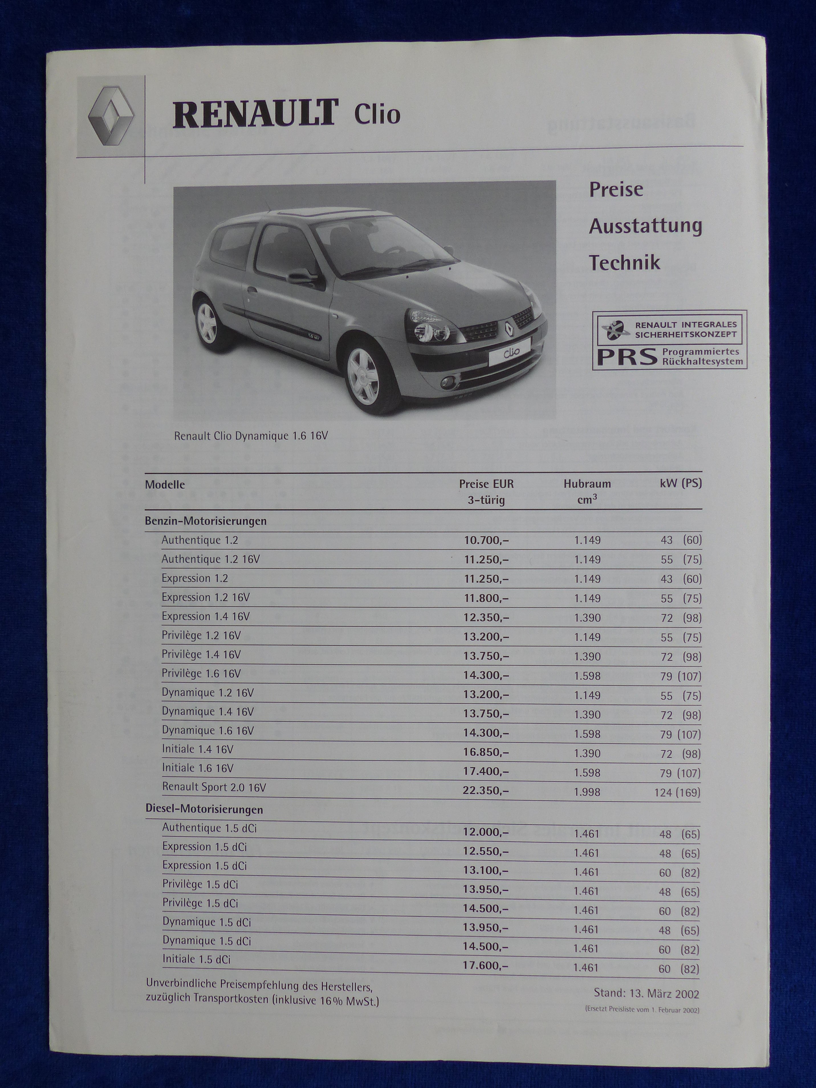 Renault Clio RS - Preisliste MJ 2002 - Prospekt Brochure 03.2002 – car ...