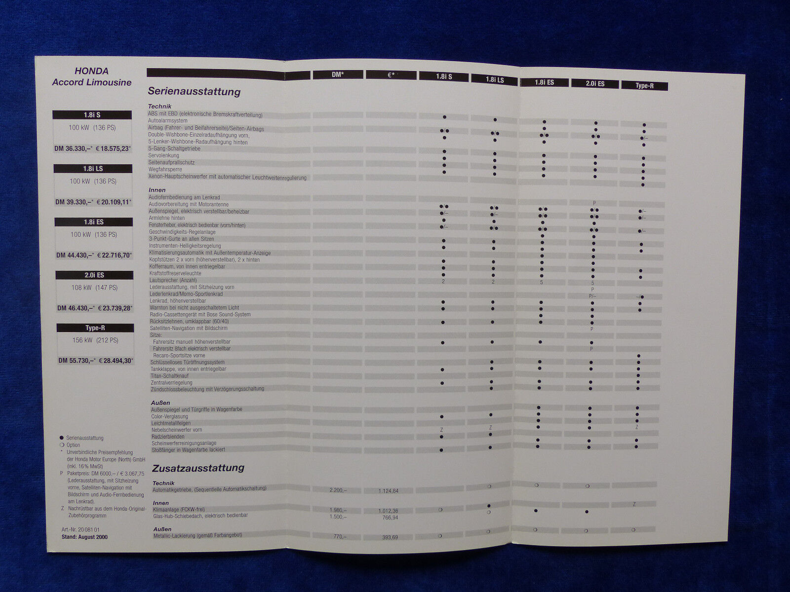 Honda Accord Limousine - Preisliste MJ 2001 - Prospekt Brochure 08.200 ...
